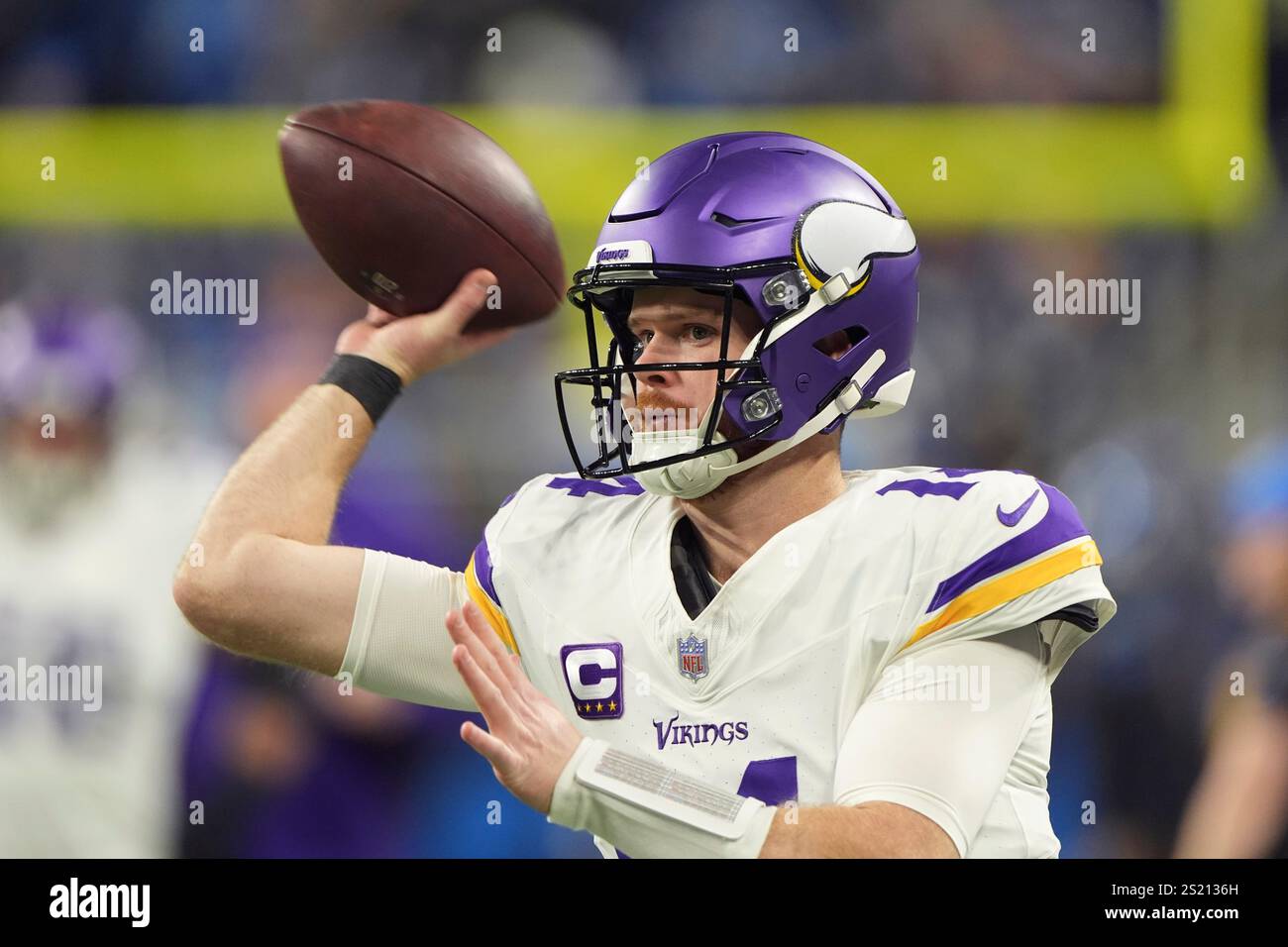 Minnesota Vikings quarterback Sam Darnold (14) warms up before an NFL ...