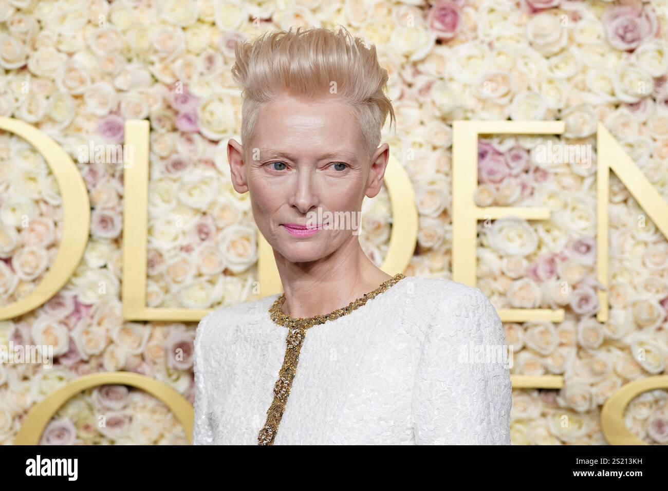Tilda Swinton arrives at the 82nd Golden Globes on Sunday, Jan. 5, 2025 ...