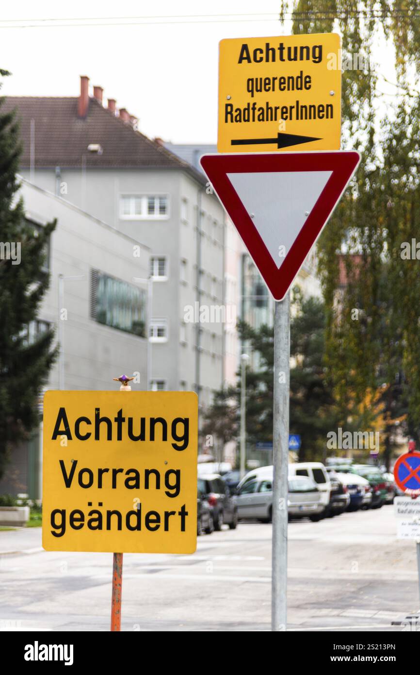 Traffic signs, attention, modified right of way, priority for cyclists ...