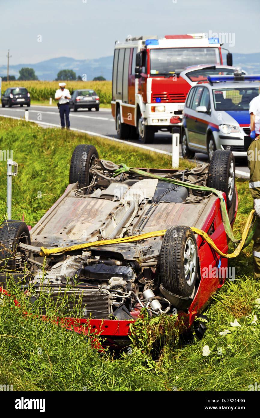 Car accident with police and firefighters on accident scene. Traffic ...