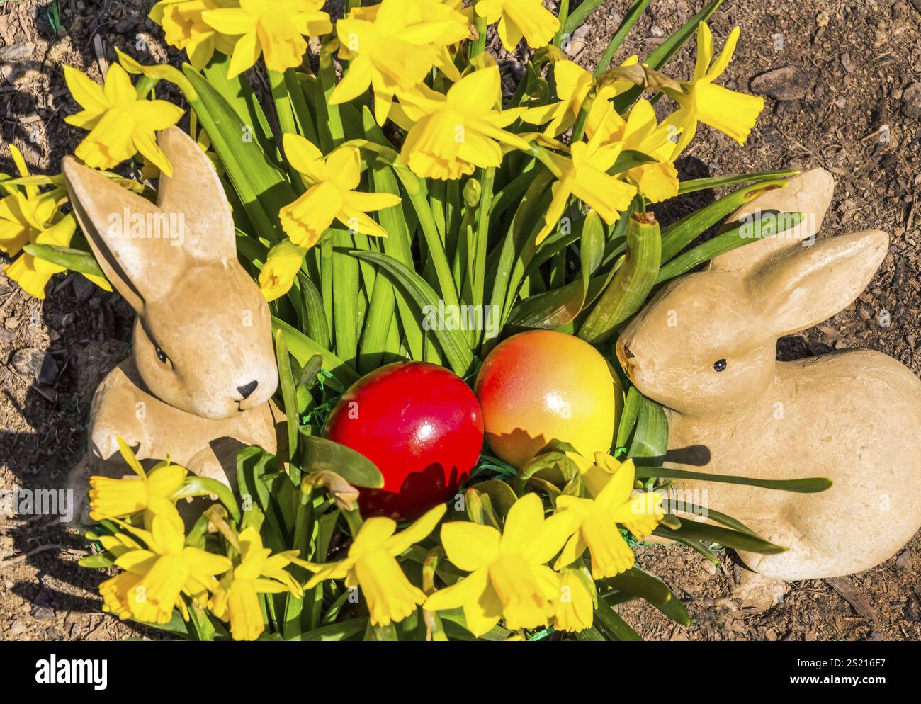 An Easter nest with Easter eggs and Easter bunnies was hidden in a ...