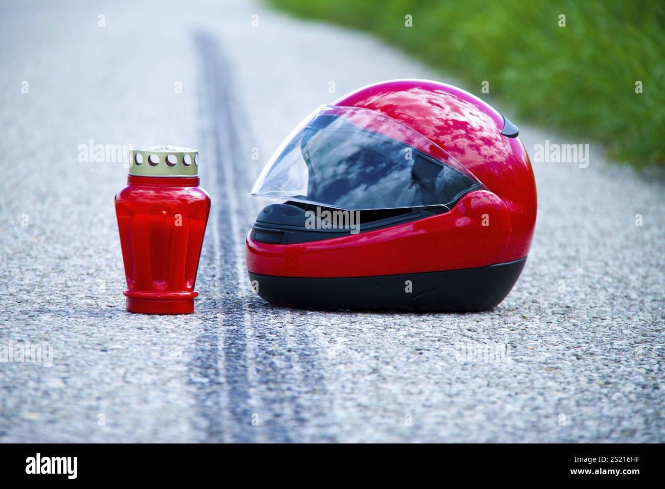 An accident involving a motorbike. Traffic accident with skid mark on ...