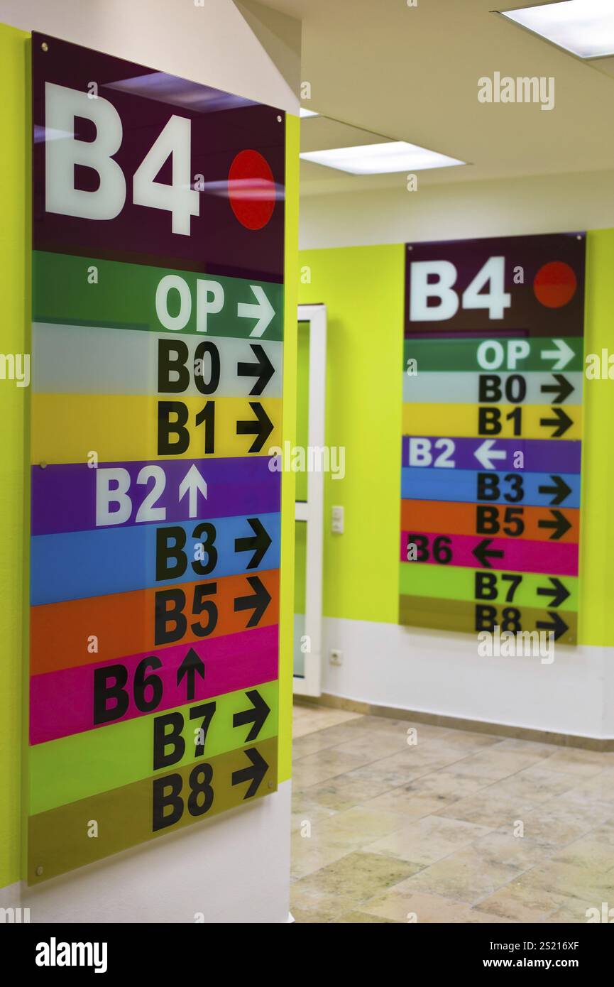 Colourful signs for orientation in a clinic. Austria Stock Photo - Alamy