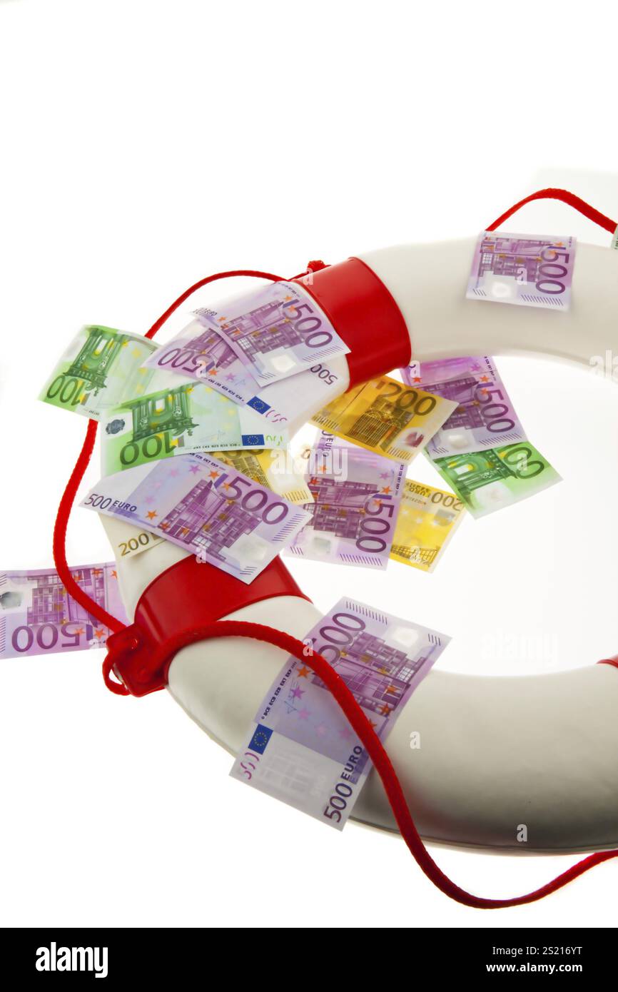 Lifebuoy and the euro. Rescue for Greece. Symbol for national debt ...