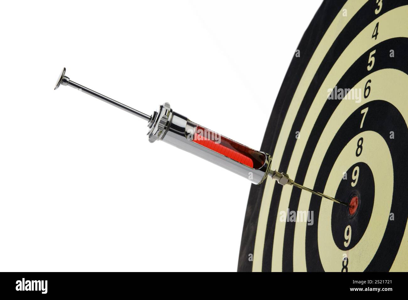 A doctor's syringe in the centre of a target. Injection with blood ...