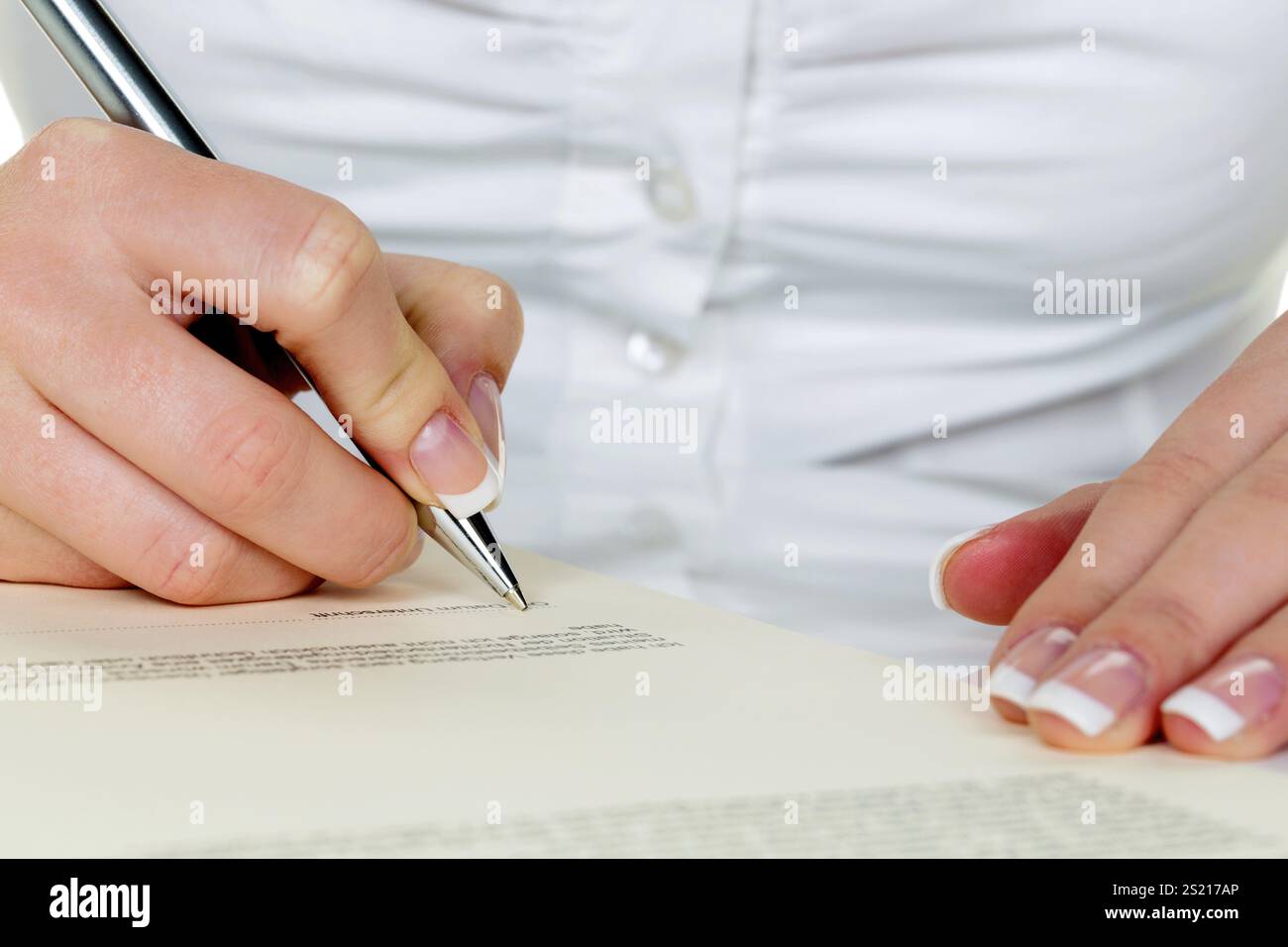 Hand with fountain pen signs contract. Woman signing Austria Stock ...