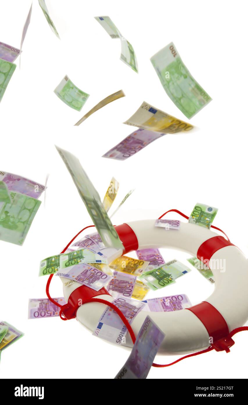 Lifebuoy and the euro. Rescue for Greece. Symbol for national debt ...