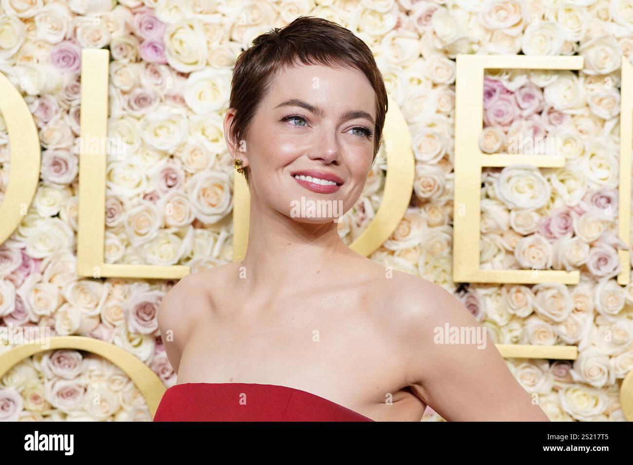 Emma Stone arrives at the 82nd Golden Globes on Sunday, Jan. 5, 2025 ...