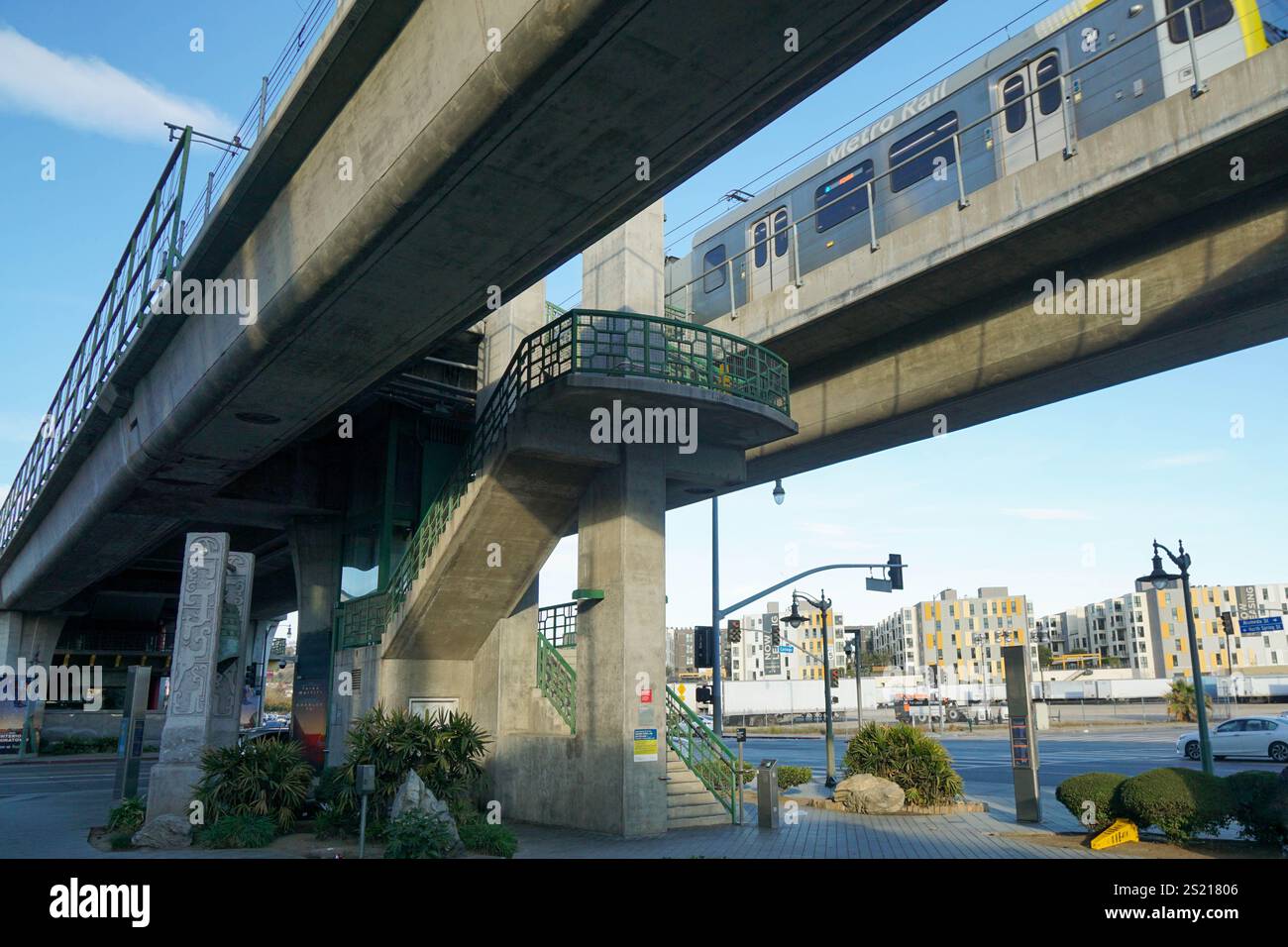 A low angle view of a Metro Rail Train cruising into Chinatown Station ...
