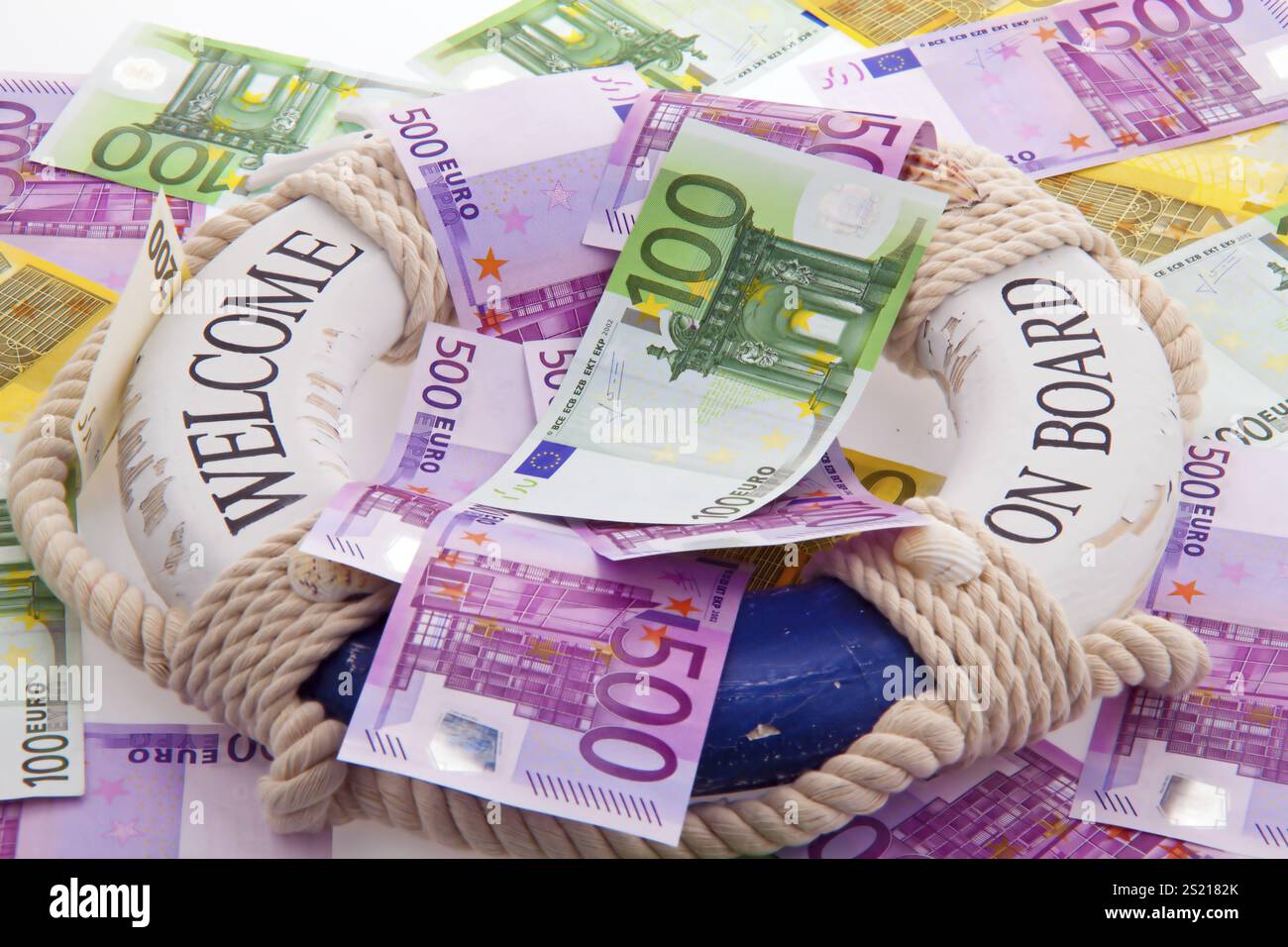 Lifebuoy and the euro. Rescue for Greece. Symbol for national debt ...