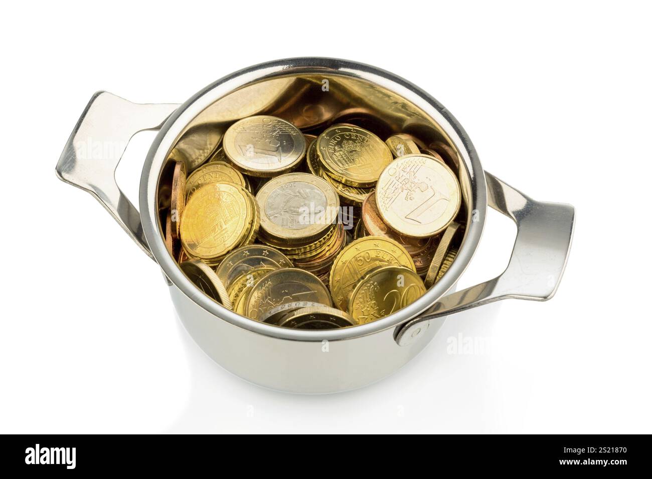 A cooking pot half-filled with euro coins, symbolising national debt ...