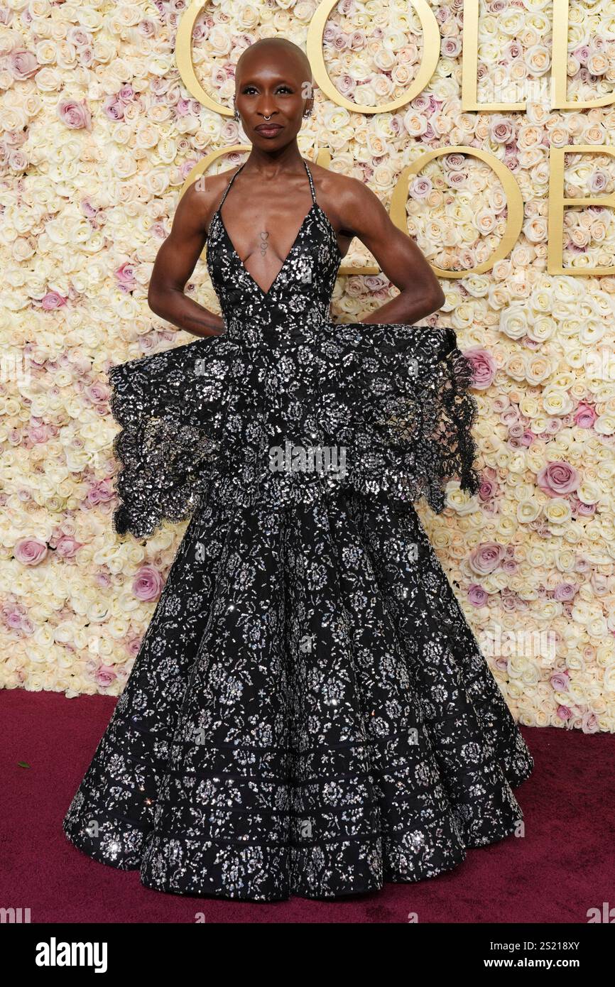 Cynthia Erivo arrives at the 82nd Golden Globes on Sunday, Jan. 5, 2025 ...