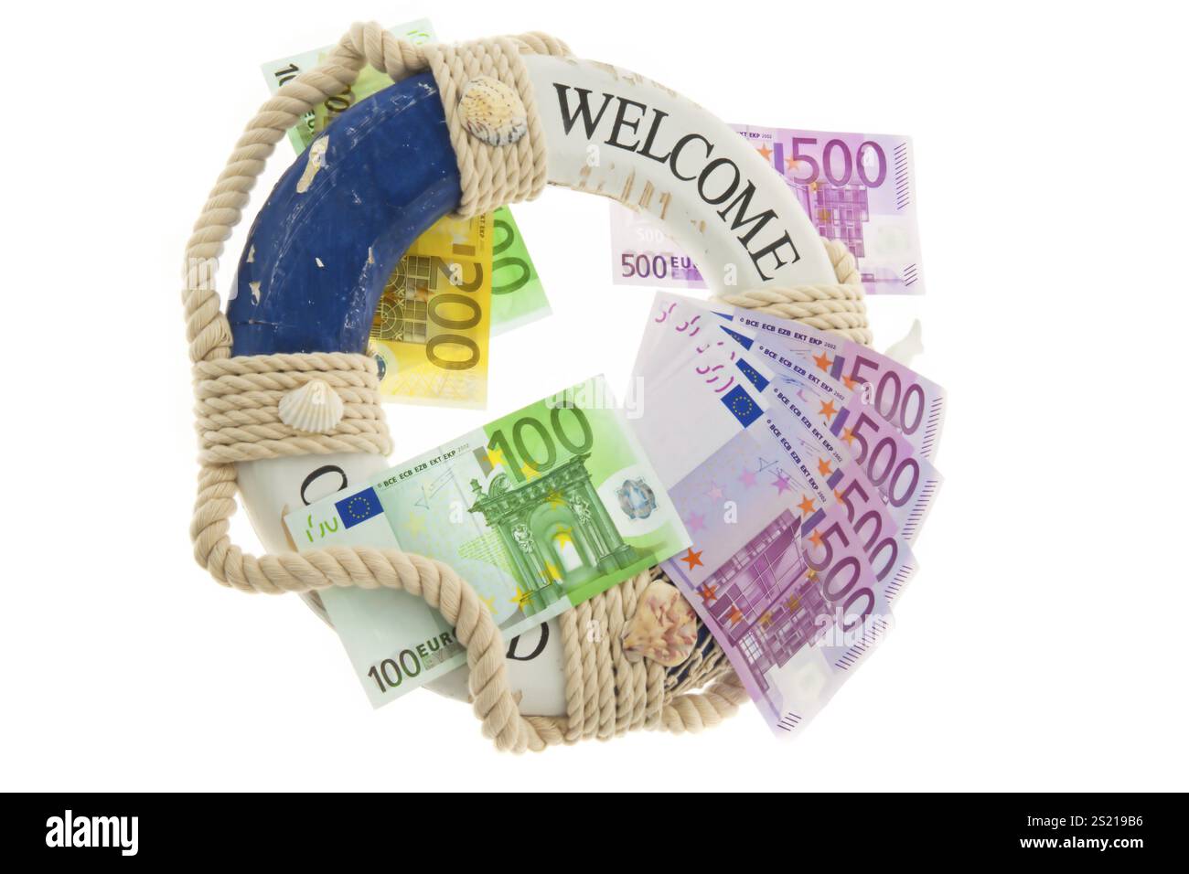 Lifebuoy and the euro. Rescue for Greece. Symbol for national debt ...