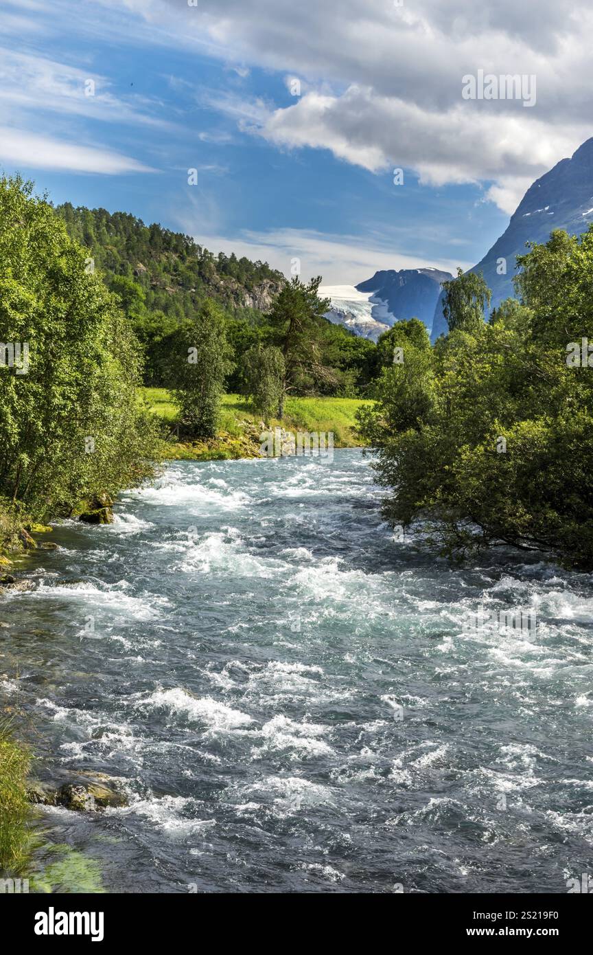 Beautiful landscape in Norway in summertime with a wild glacier river ...
