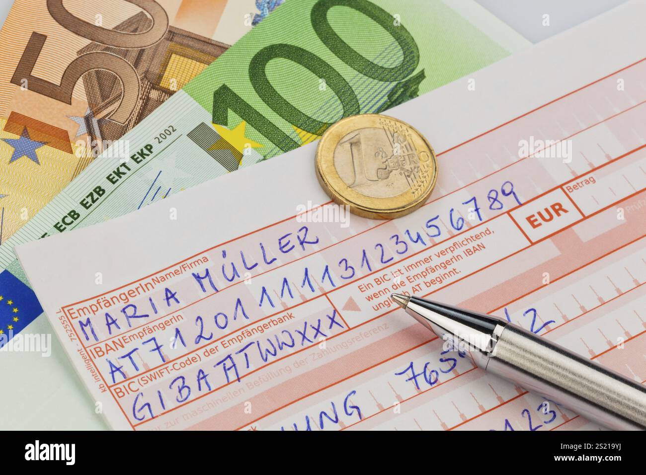 A payment slip for bank transfer or cash deposit with IBAN and BIC code ...