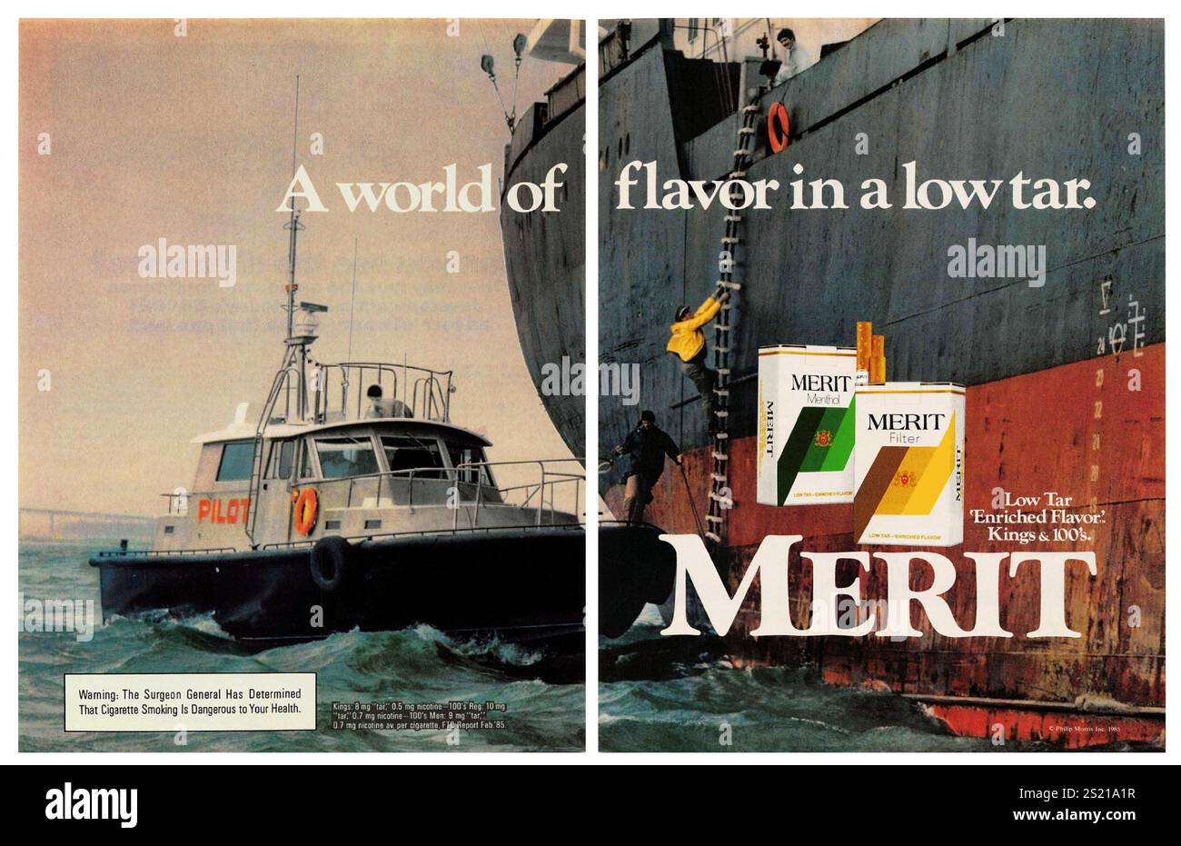 1985 Merit Cigarettes Ad featuring Tugboat and Ship Stock Photo - Alamy