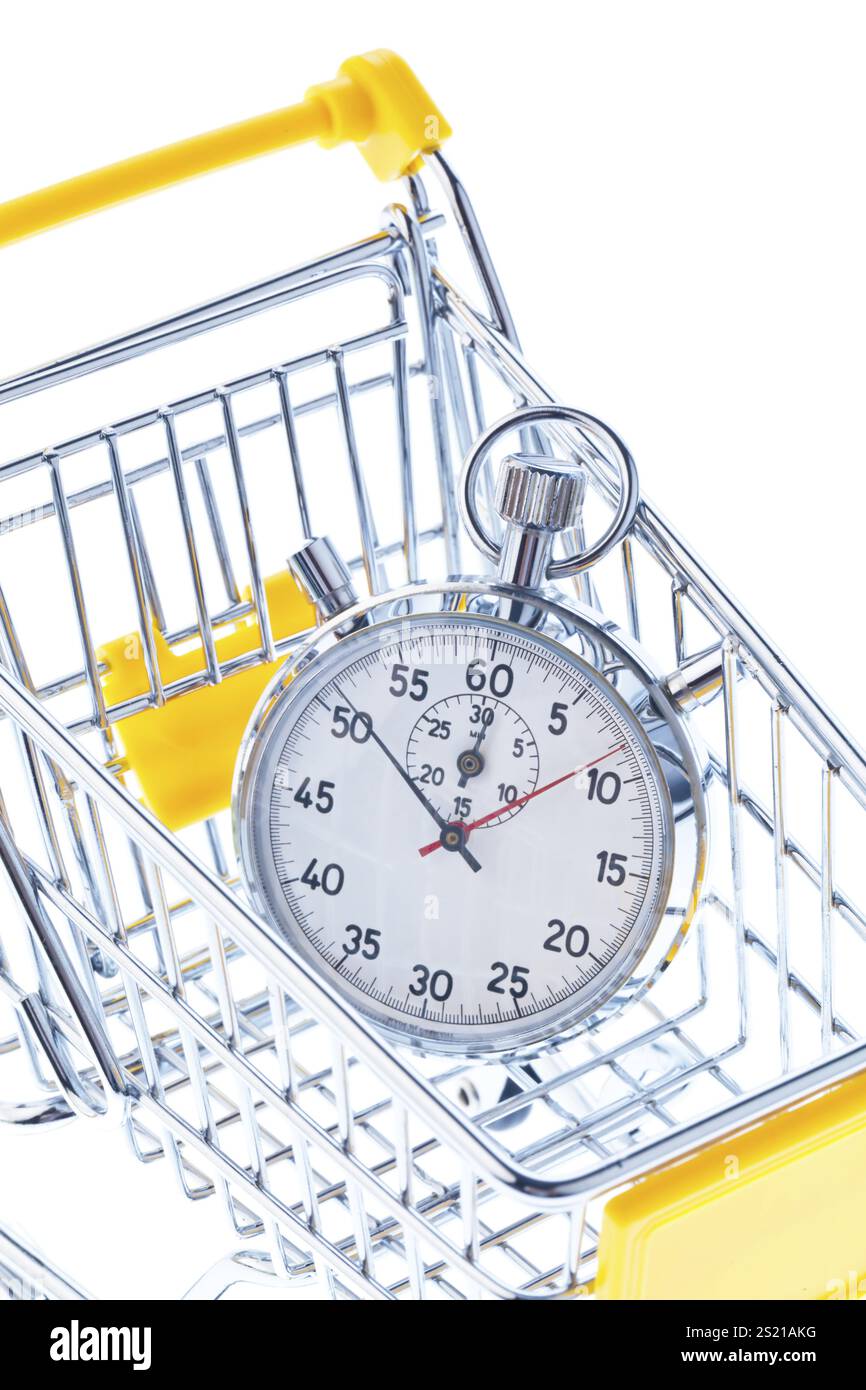 A stopwatch lies in a shopping trolley, symbolic photo for opening ...