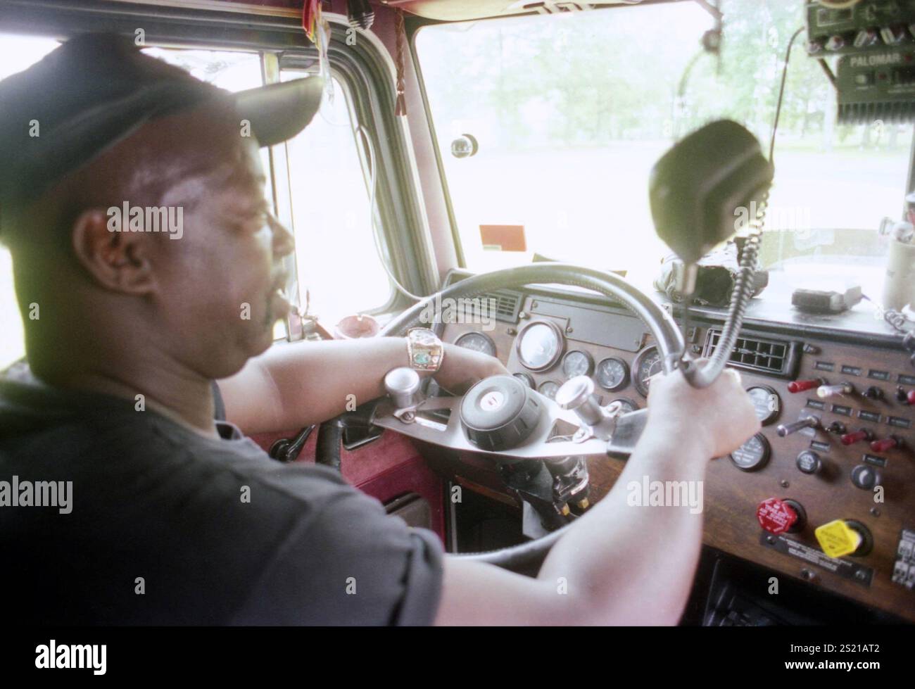 Driver in the cabin of a Peterbilt truck in the U.S.A., cca. 1992 Stock ...