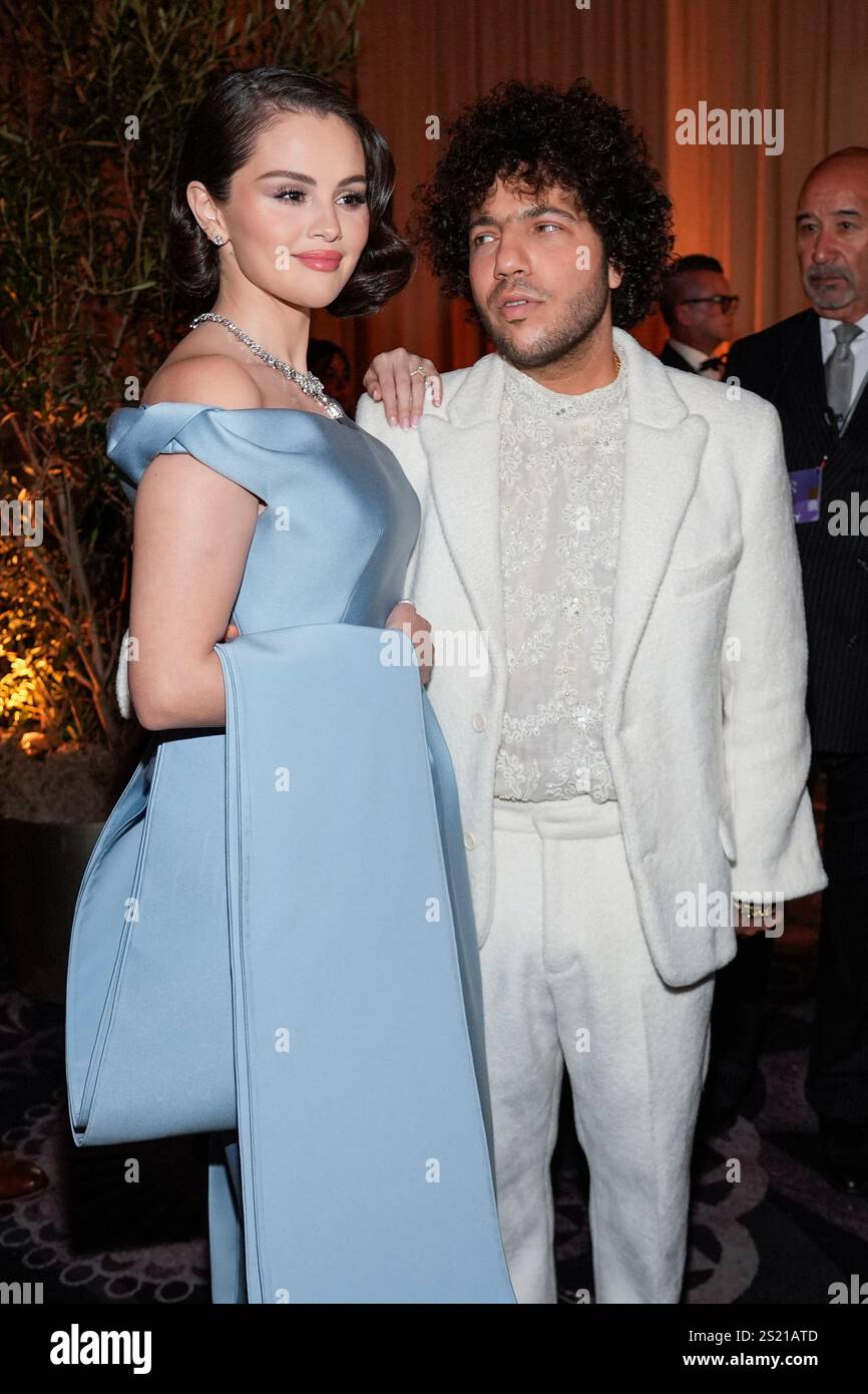 Selena Gomez, left, and Benny Blanco arrive at the 82nd Golden Globes on Sunday, Jan. 5, 2025 ...