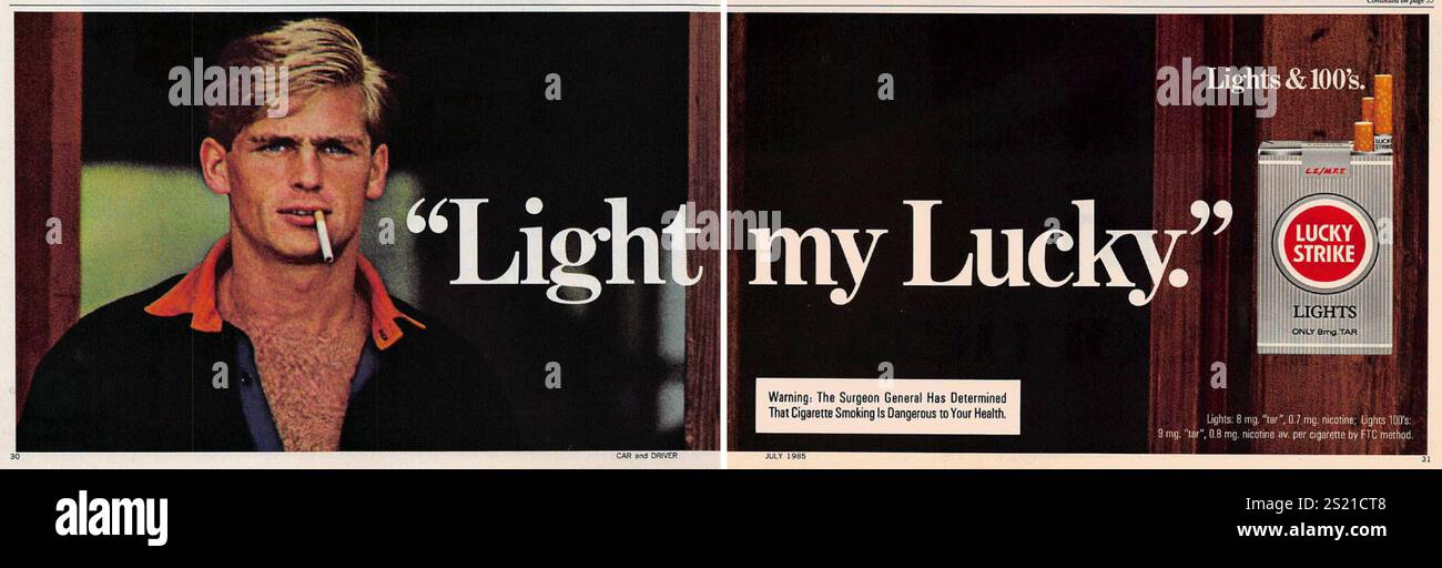 1985 Lucky Strike Lights cigarettes 2-page ad Stock Photo - Alamy