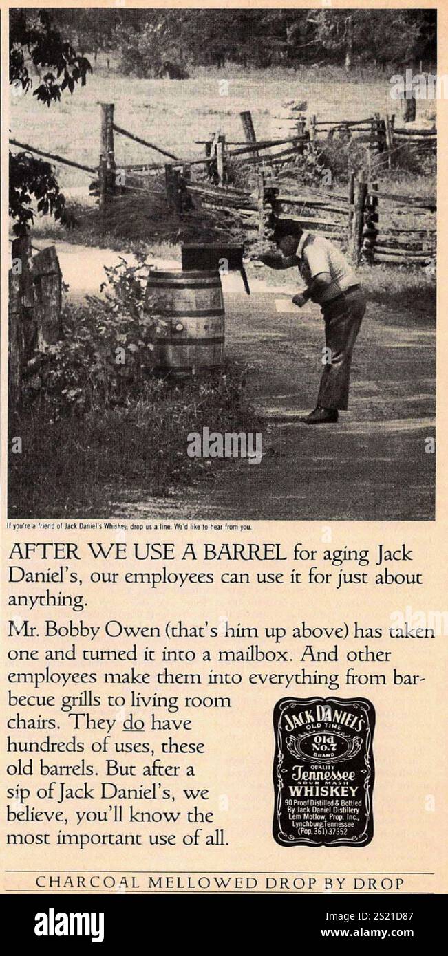 1985 Jack Daniel's Whiskey Ad - Keg Barrel Mailbox Bobby Owen Stock ...