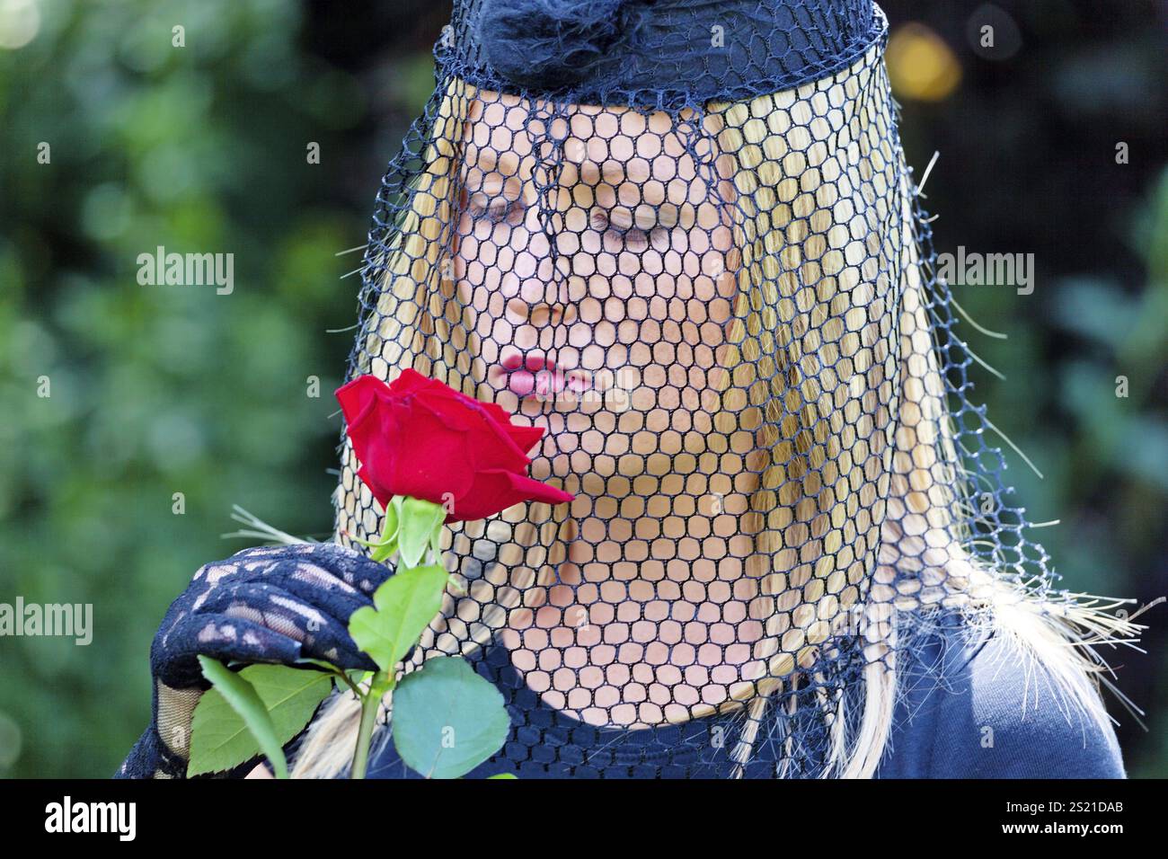 A young, grieving widow with a veil and rose. Death and inheritance ...