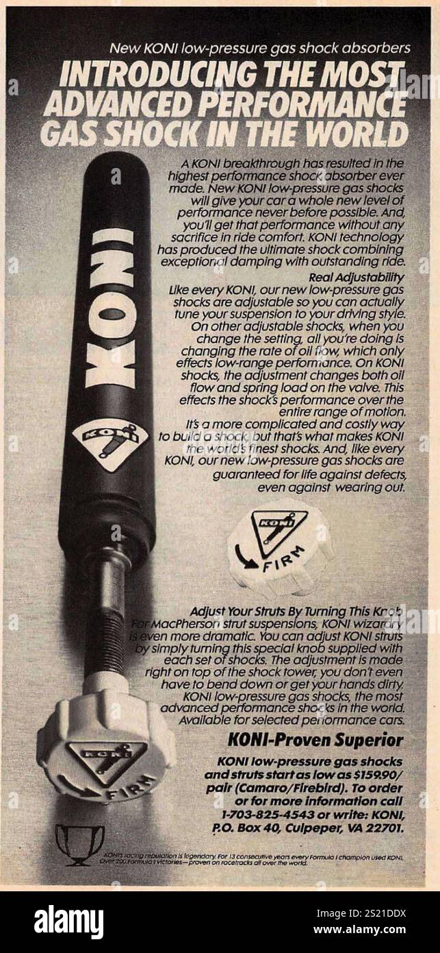 1985 Koni low-pressure gas shocks ad - shock absorber Stock Photo - Alamy