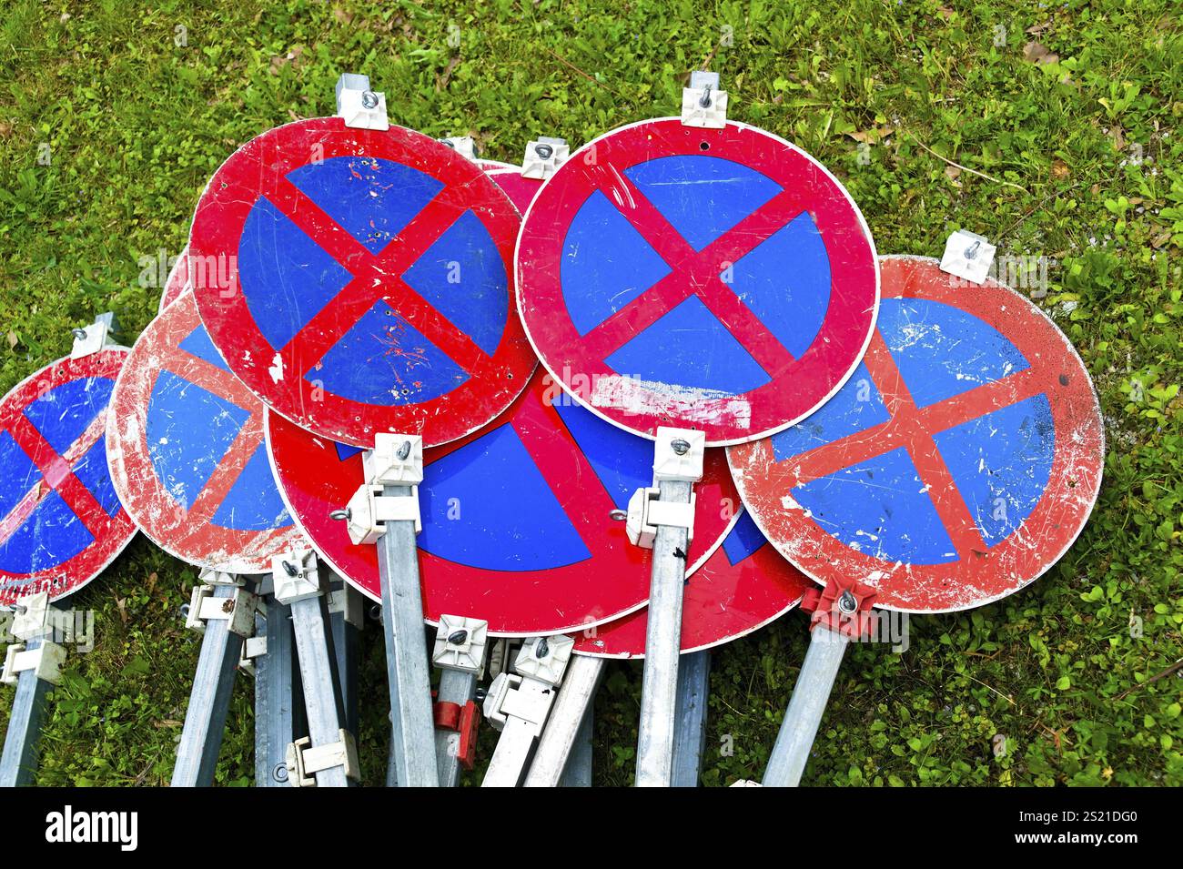 Many traffic signs No stopping are lying on top of each other on the ...