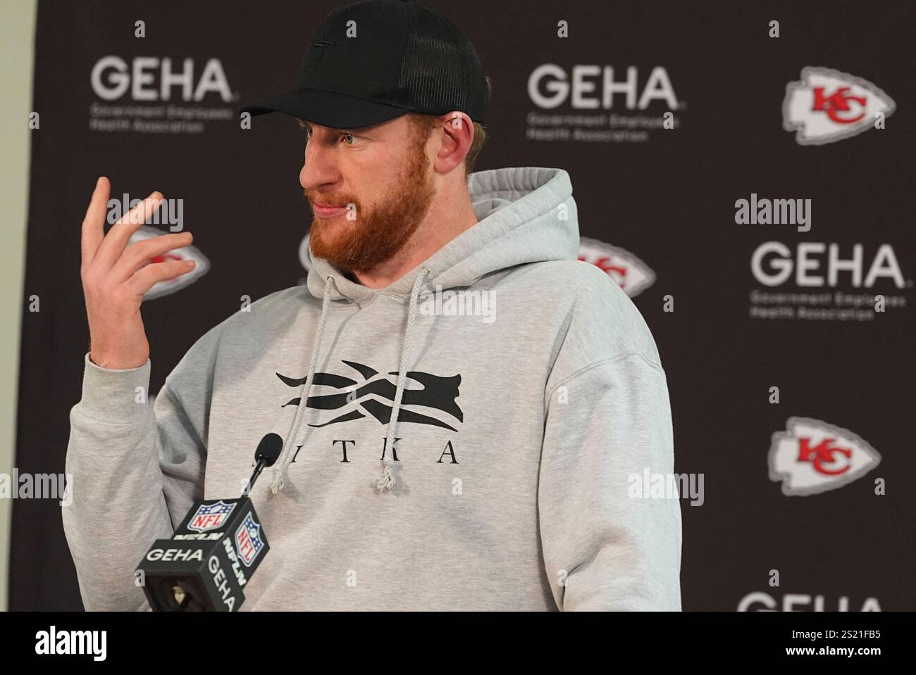 Kansas City Chiefs quarterback Carson Wentz responds to a question ...