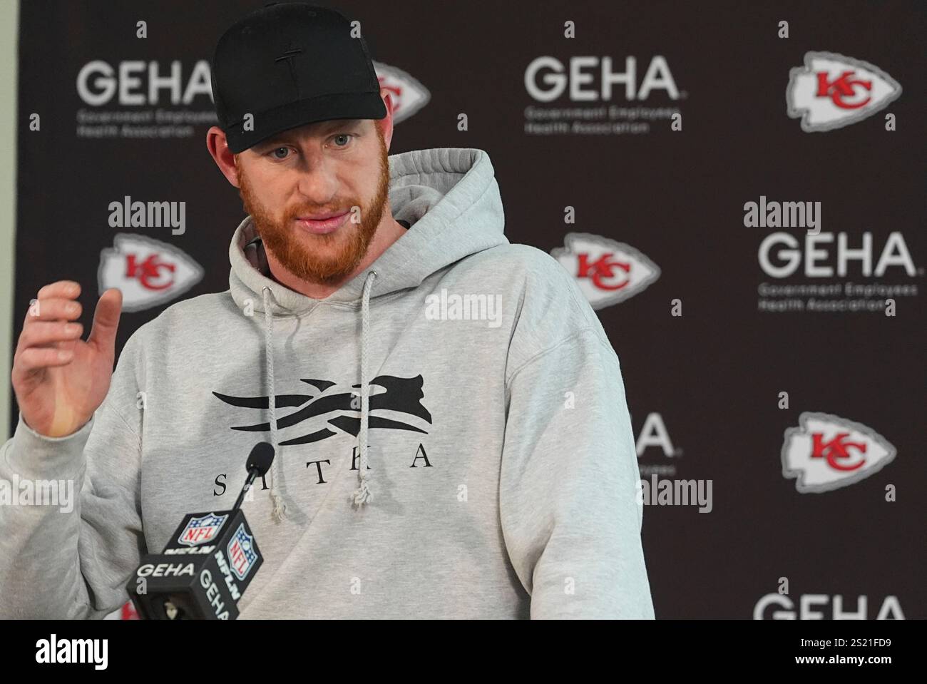 Kansas City Chiefs quarterback Carson Wentz responds to a question ...