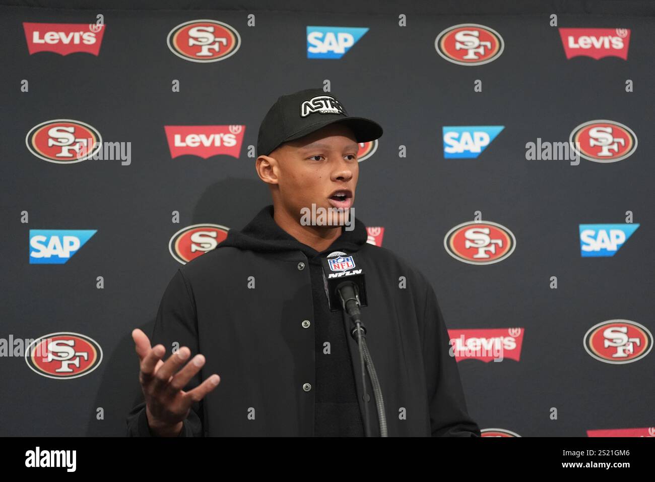 San Francisco 49ers quarterback Joshua Dobbs speaks after an NFL ...