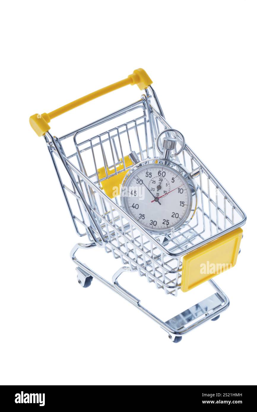 A stopwatch lies in a shopping trolley, symbolic photo for opening ...