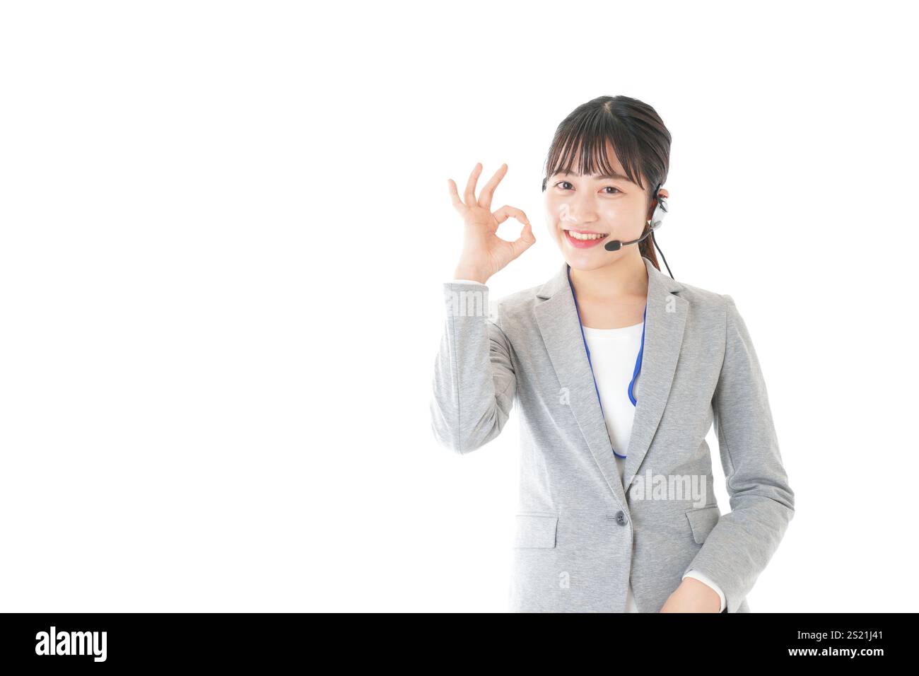 Call centre woman pointing fingers Stock Photo - Alamy