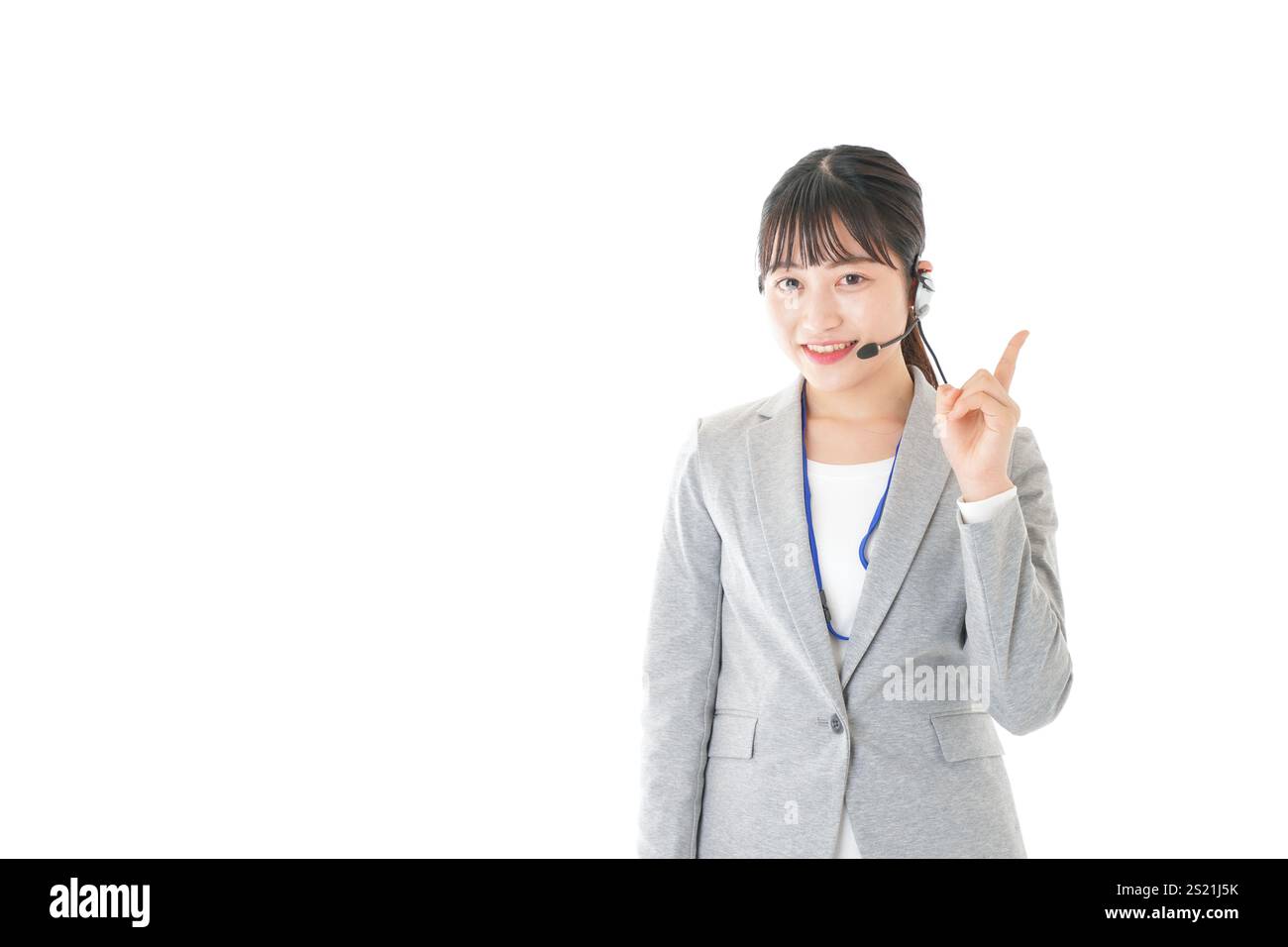 Call centre woman pointing fingers Stock Photo - Alamy