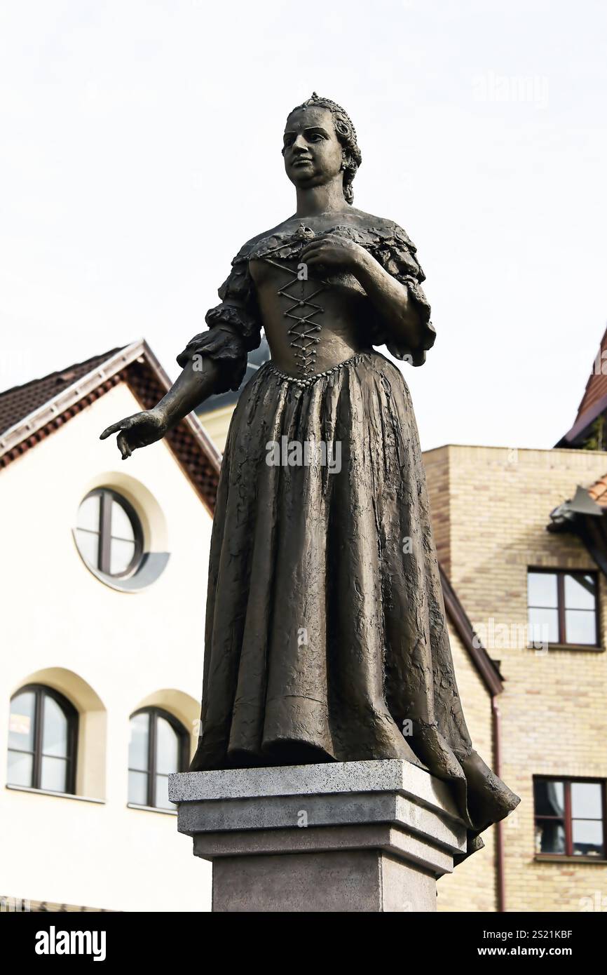 The divided city of Komorn in Slovakia. Statue of Maria Theresa on the ...