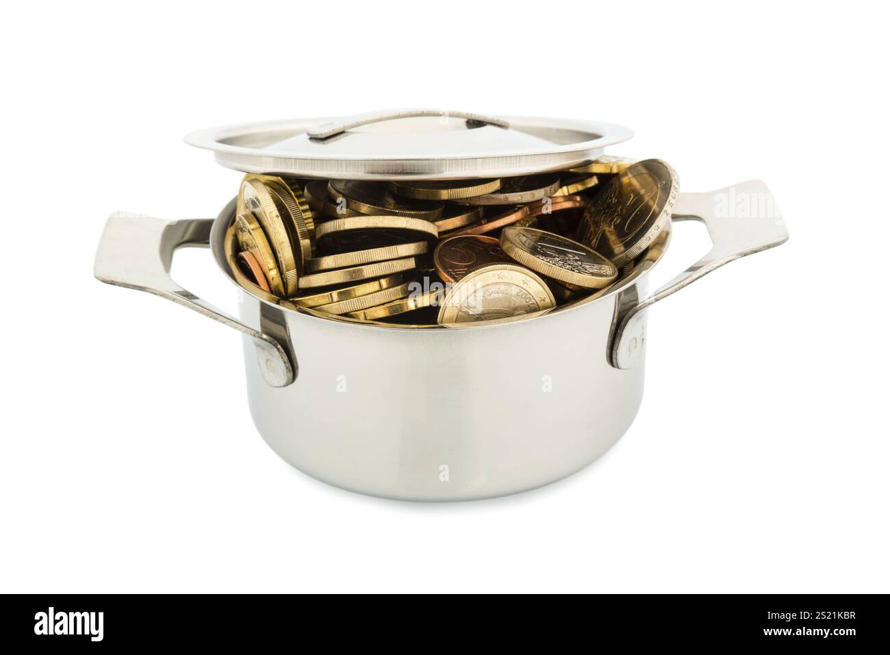 A cooking pot is well filled with euro coins, symbolic photo for ...