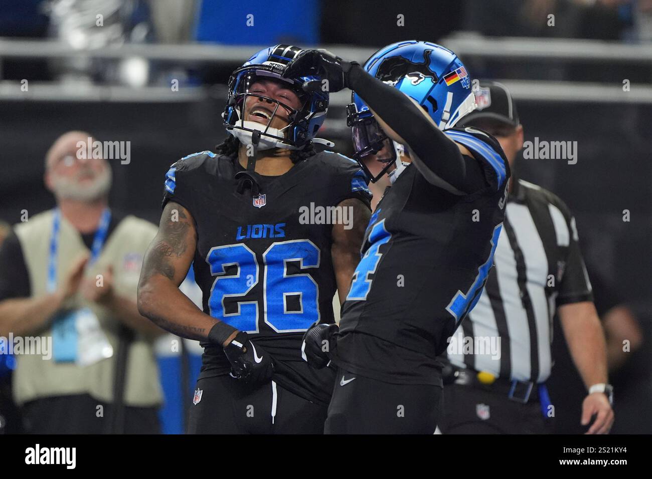 Detroit Lions running back Jahmyr Gibbs (26) celebrates his touchdown ...