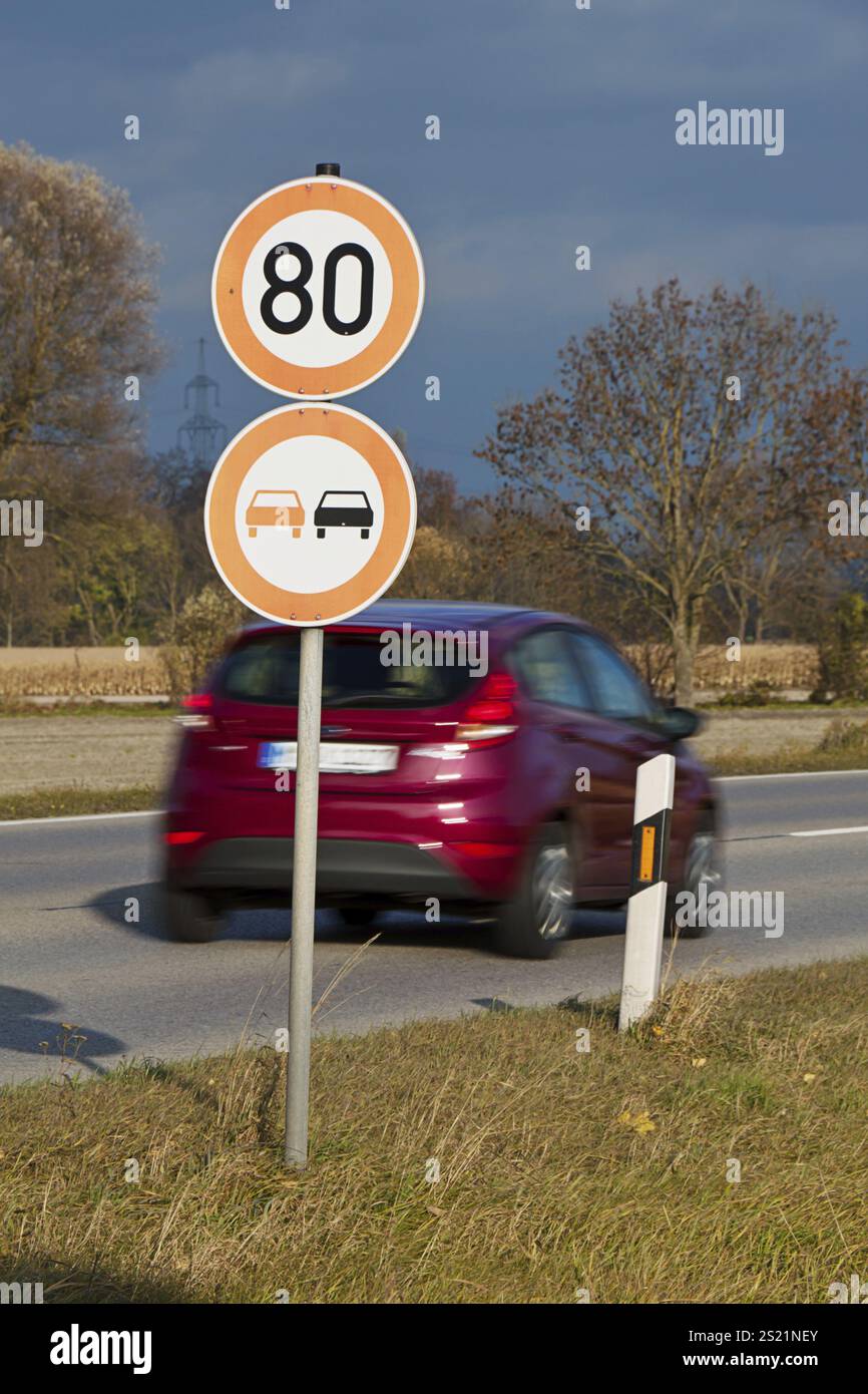 Speed limit sign 80 km/h on a country road outside the urban area ...