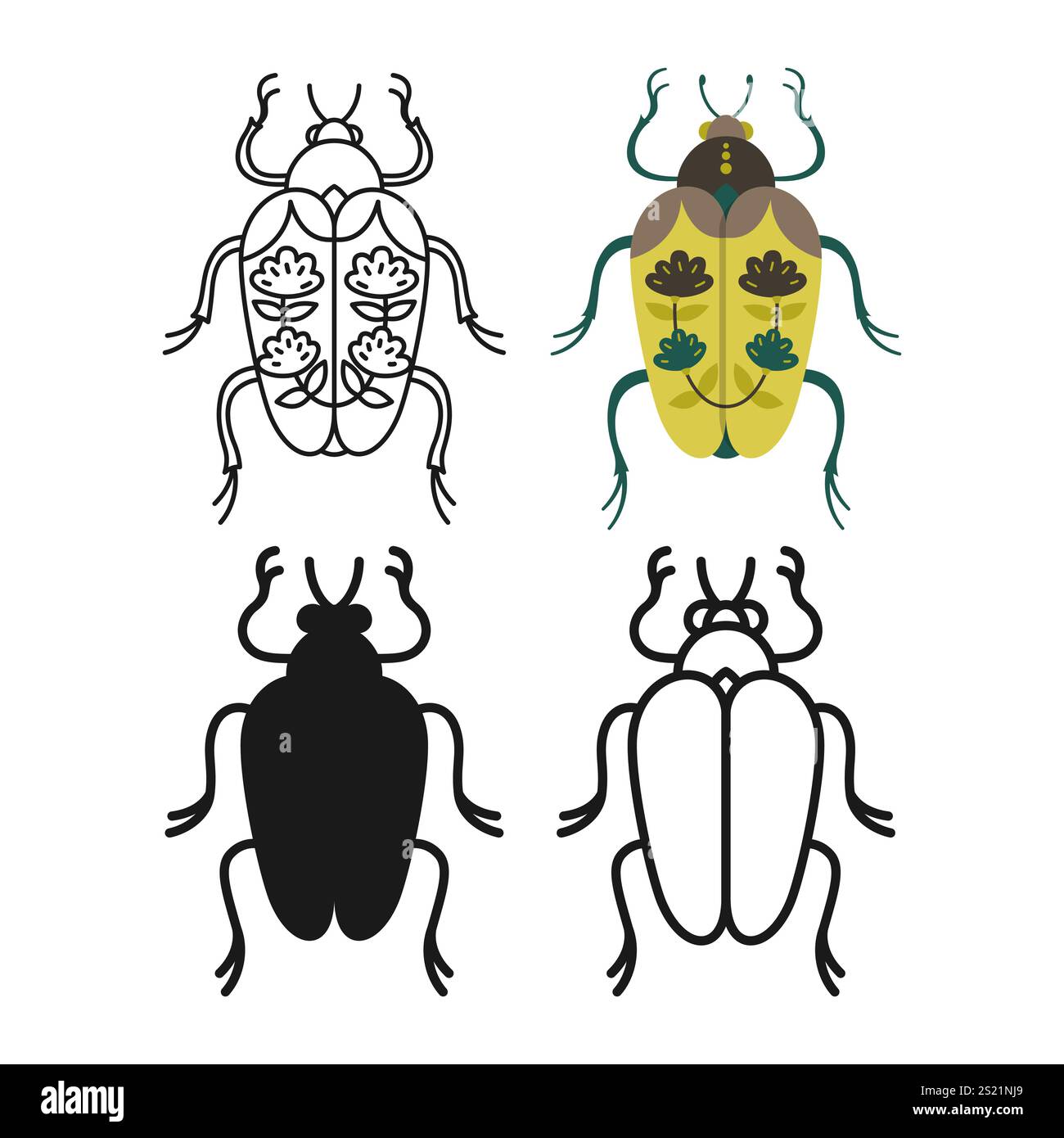 Beetle symbol cartoon set. Abstract bug linear icon. Stylized folk art ...