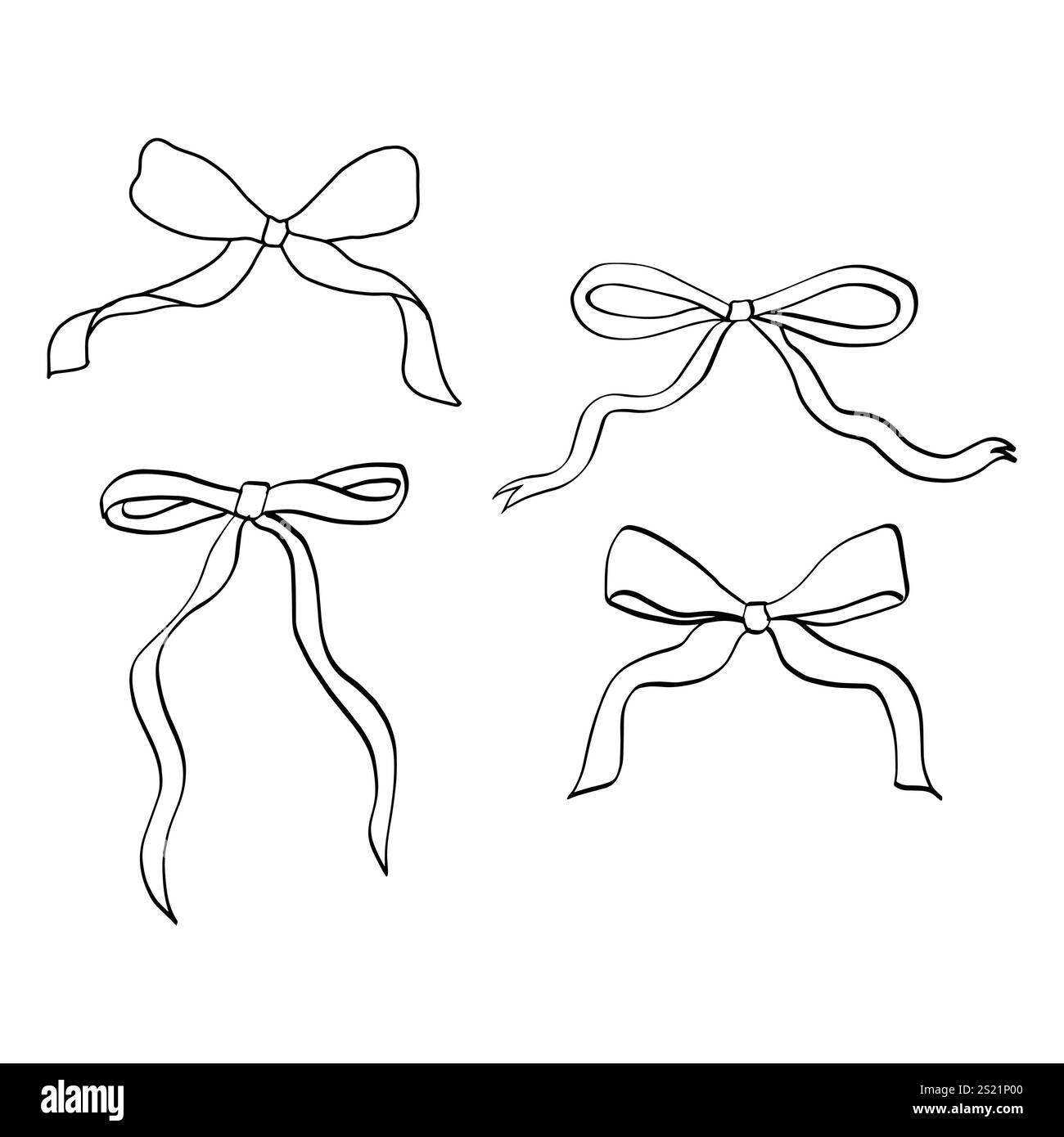 Set of coquette bow ribbons, hand-drawn in line art style; isolated ...