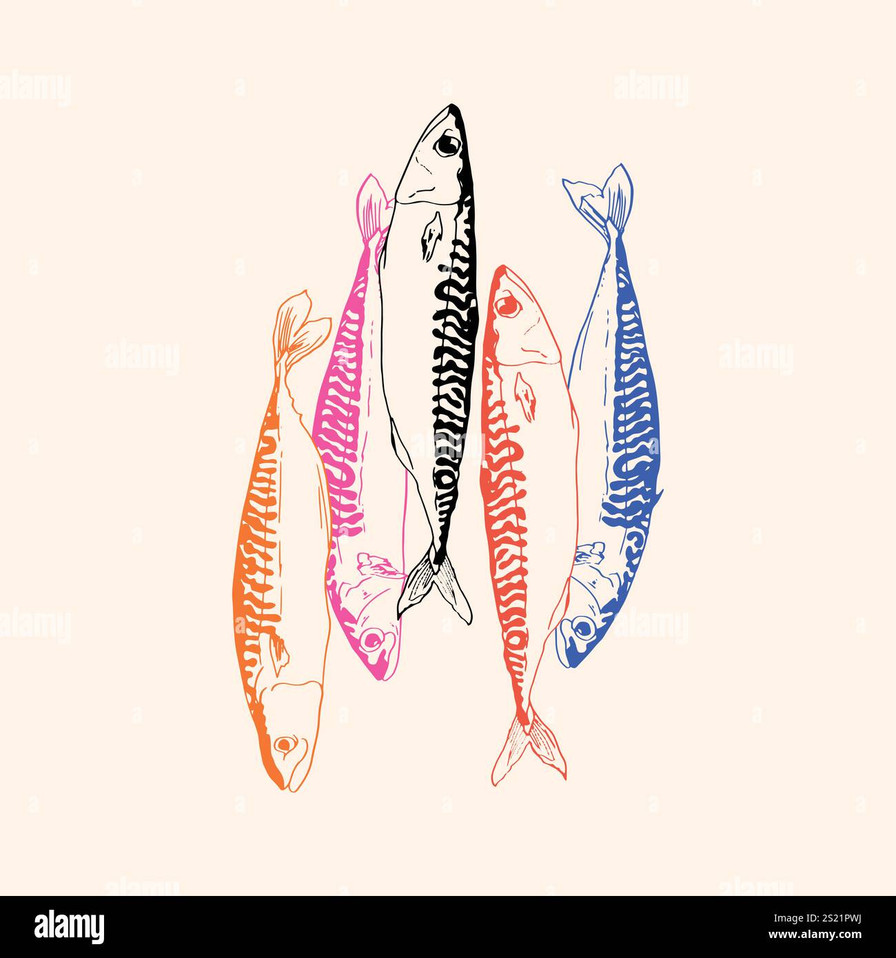 Hand-drawn mackerel illustration with retro colors in a minimalist ...