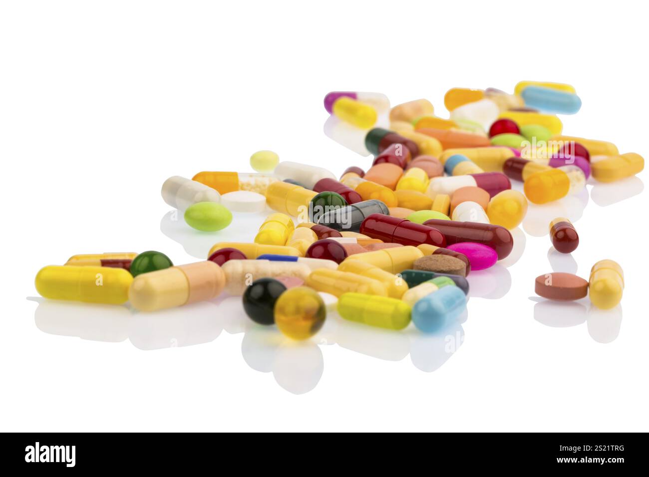 Lots of colourful tablets on a white background. Symbol photo for ...