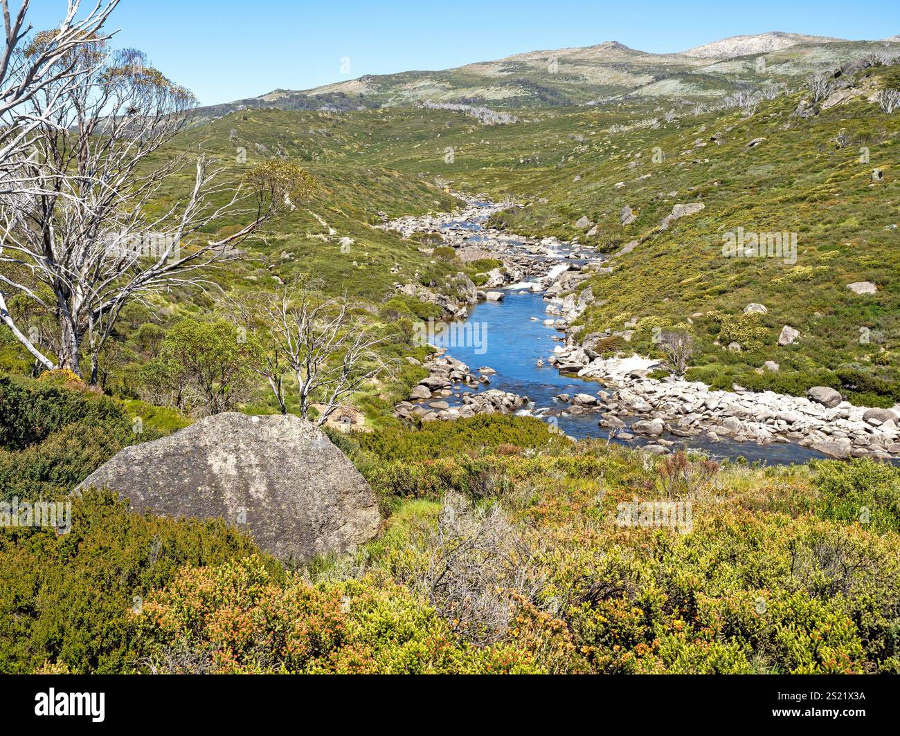 The Snowy River flowing beneath Mt Twynam and Little Twynam Stock Photo ...