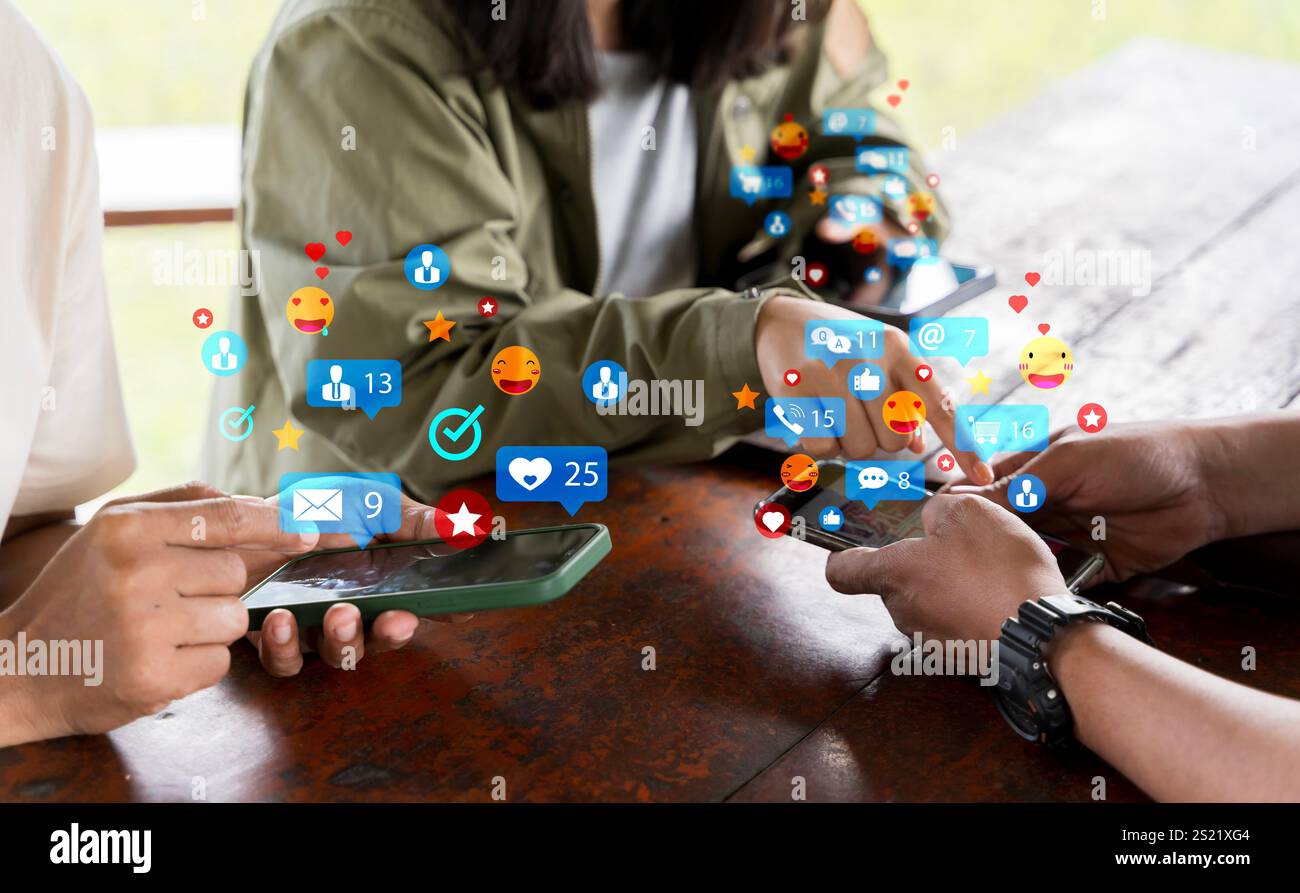People engaging in networking with technology. Social media addiction ...