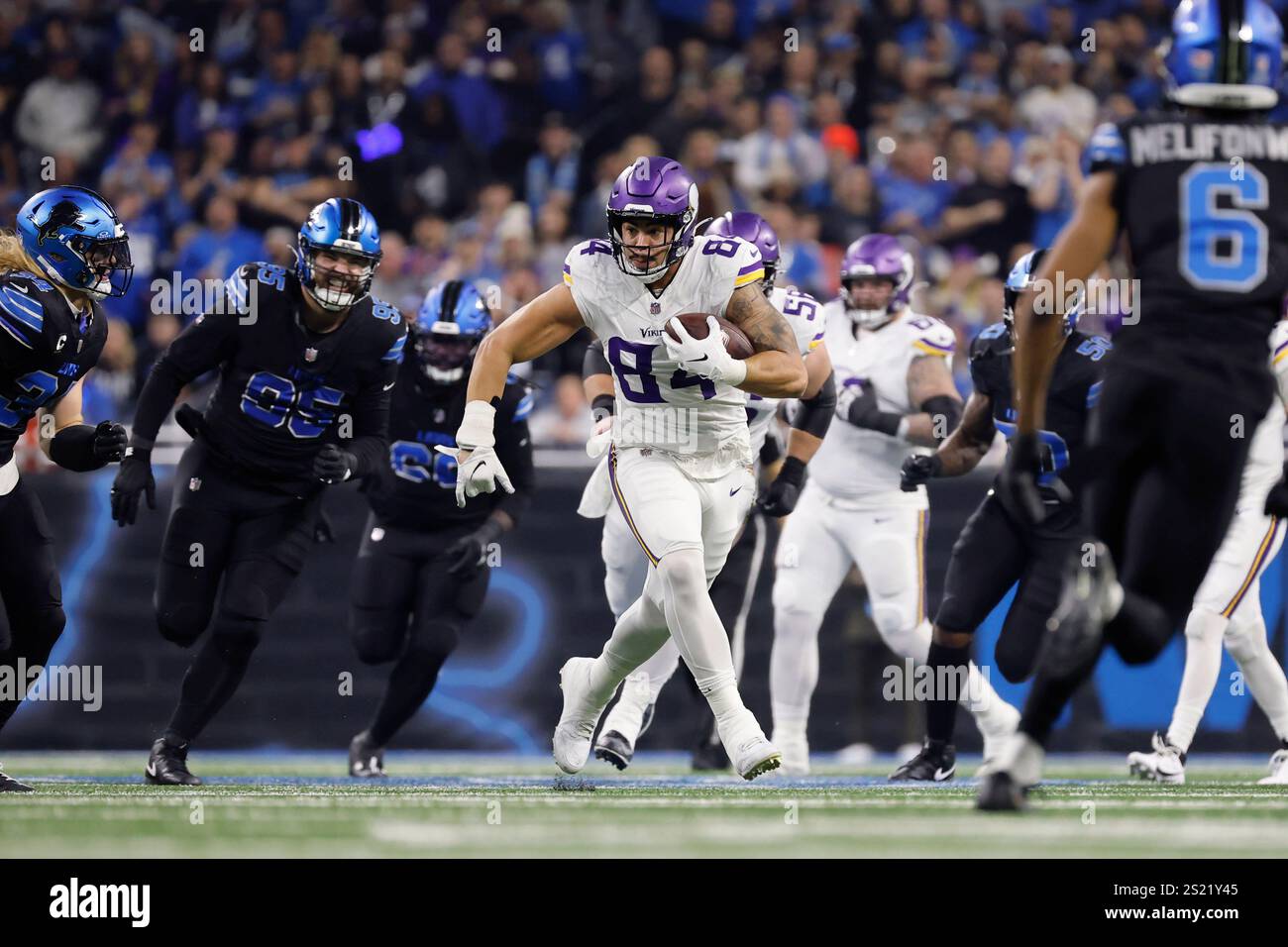 Minnesota Vikings tight end Josh Oliver (84) runs against the Detroit ...