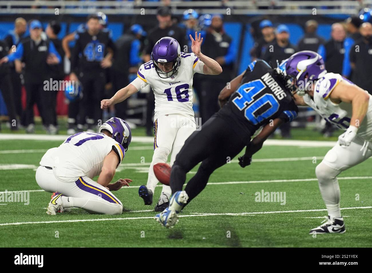Minnesota Vikings place kicker Will Reichard (16) kicks a field goal ...