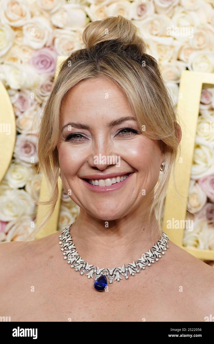 Kate Hudson arrives at the 82nd Golden Globes on Sunday, Jan. 5, 2025 ...