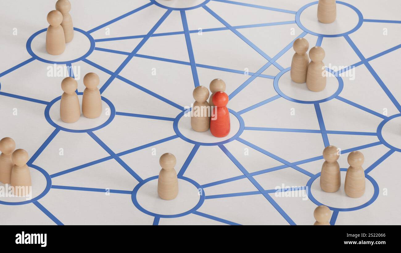 3D illustration of pawns linked together by many reden lines. Social ...