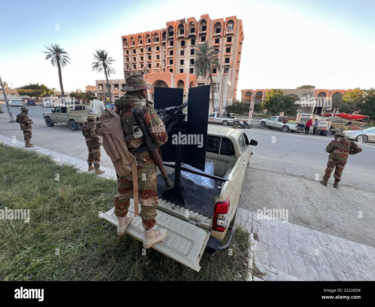 Tripoli, Libya. 5th Jan, 2025. Soldiers stand guard in the city of Zawiya, Libya, Jan. 5, 2025 ...