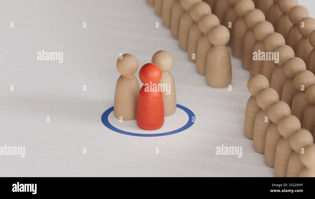 3D illustration of pawns with three of them in the center of a target ...